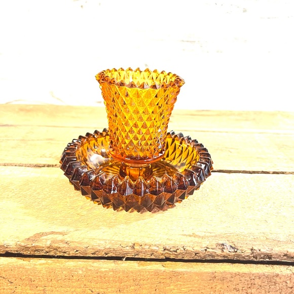 Accents | Vintage Amber Glass Candle Holder Diamond Edge Mid Century ...